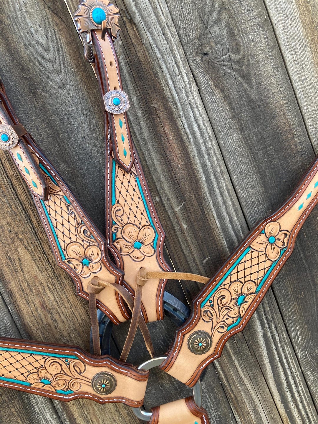Turquoise Buck Stitch Tack Set Includes Split Ear Headstall and Breast ...