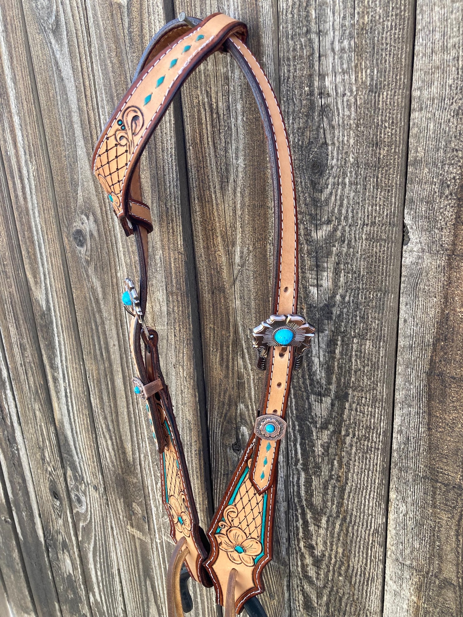 Turquoise Buck Stitch Tack Set Includes Split Ear Headstall and Breast ...
