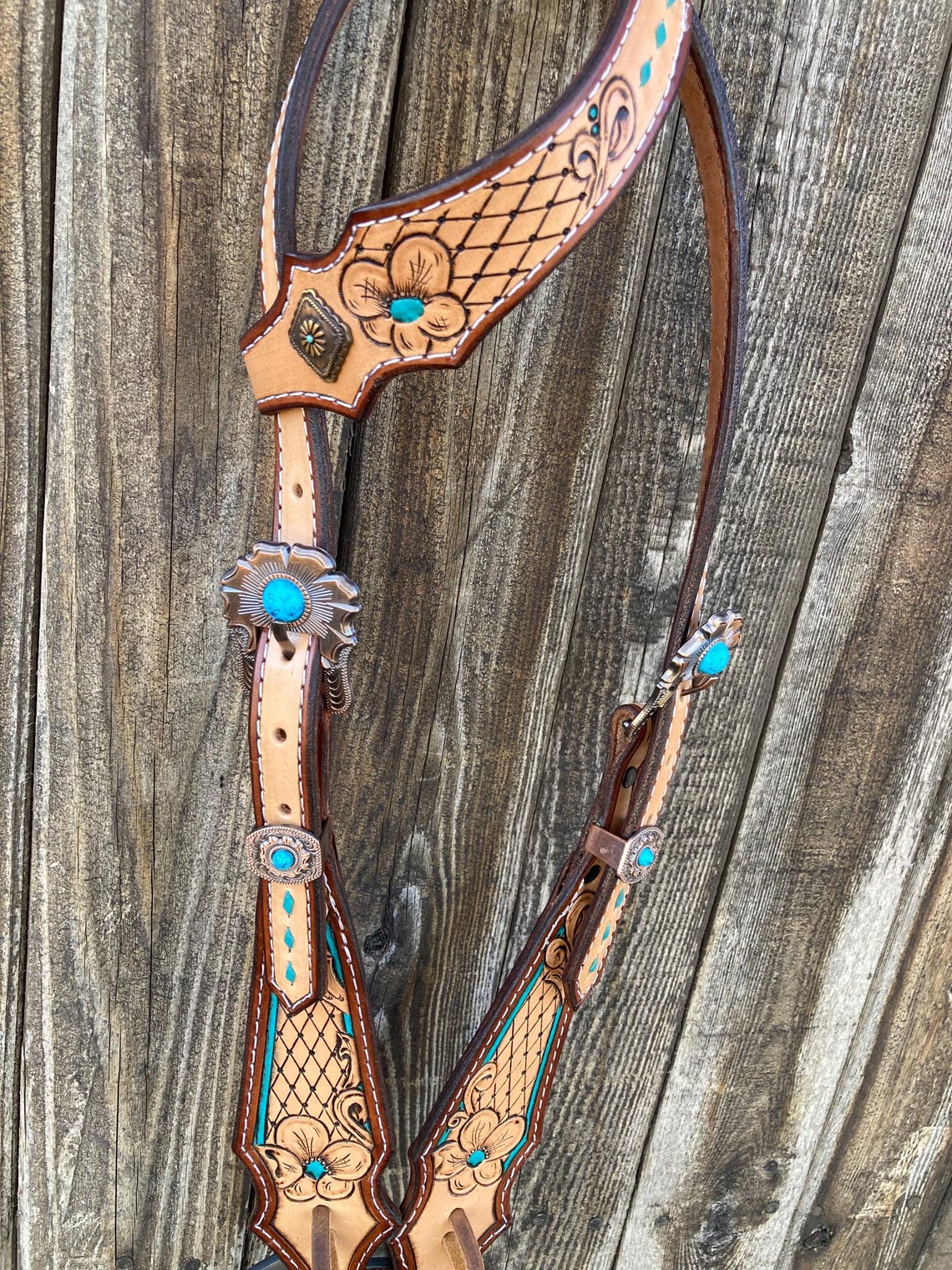 Turquoise Buck Stitch Tack Set Includes Split Ear Headstall and Breast ...