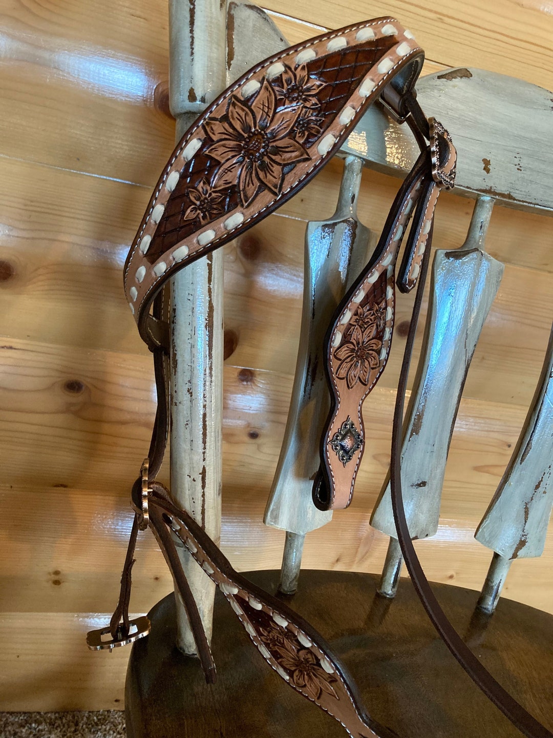 Custom Hand Tooled Headstall With Floral Carving and Buckstitch - Etsy
