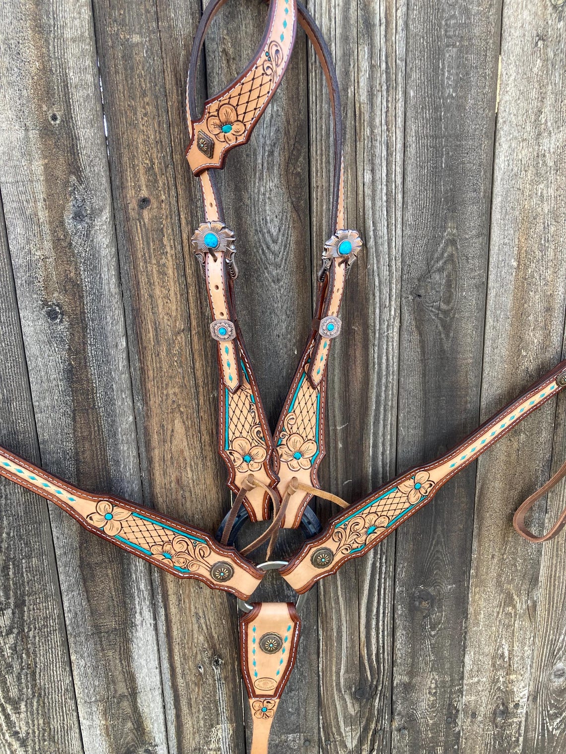Turquoise Buck Stitch Tack Set Includes Split Ear Headstall and Breast ...
