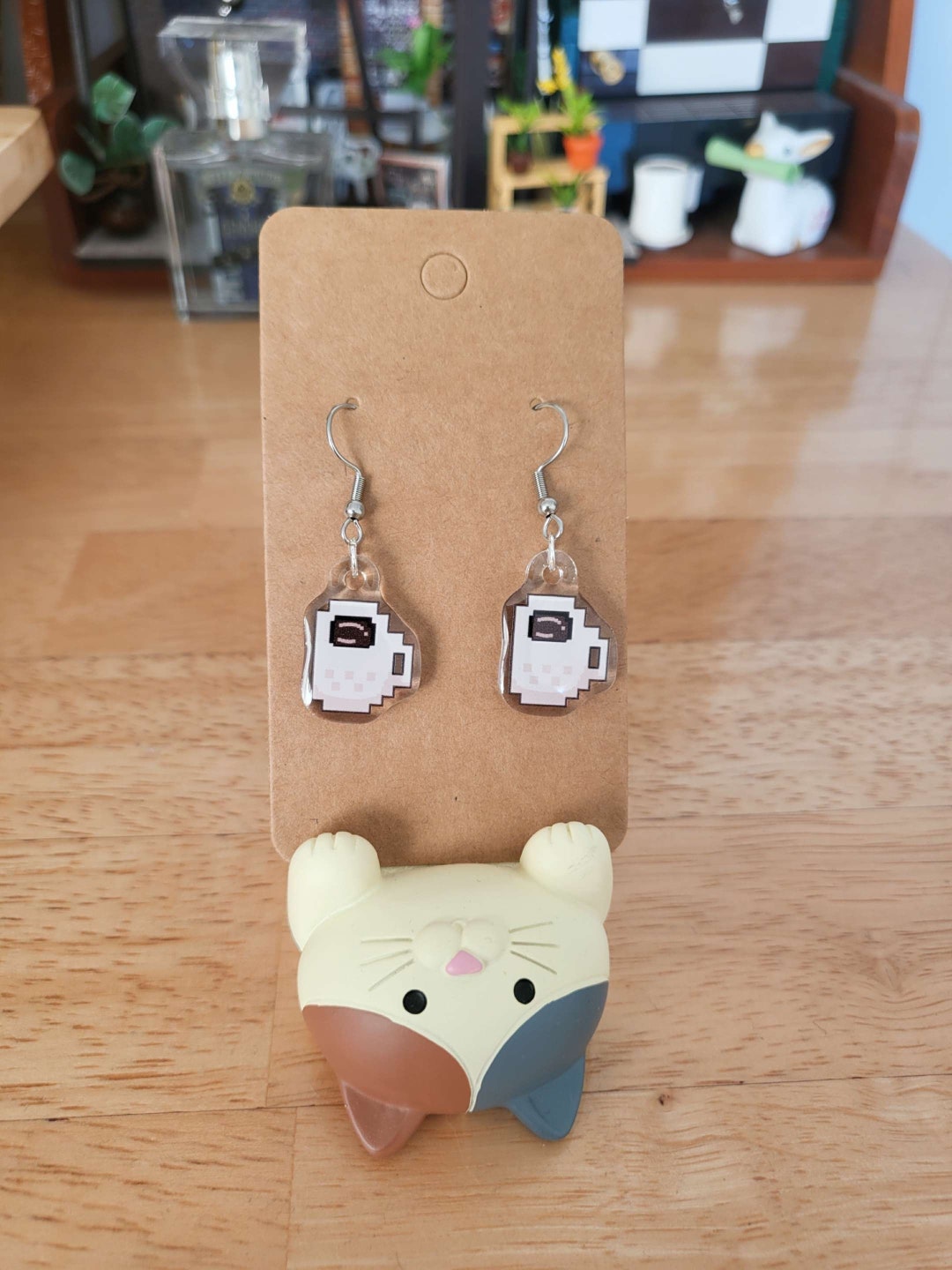 8-bit Pixel Coffee Inspired Earrings - Stainless Steel Dangle Earrings ...