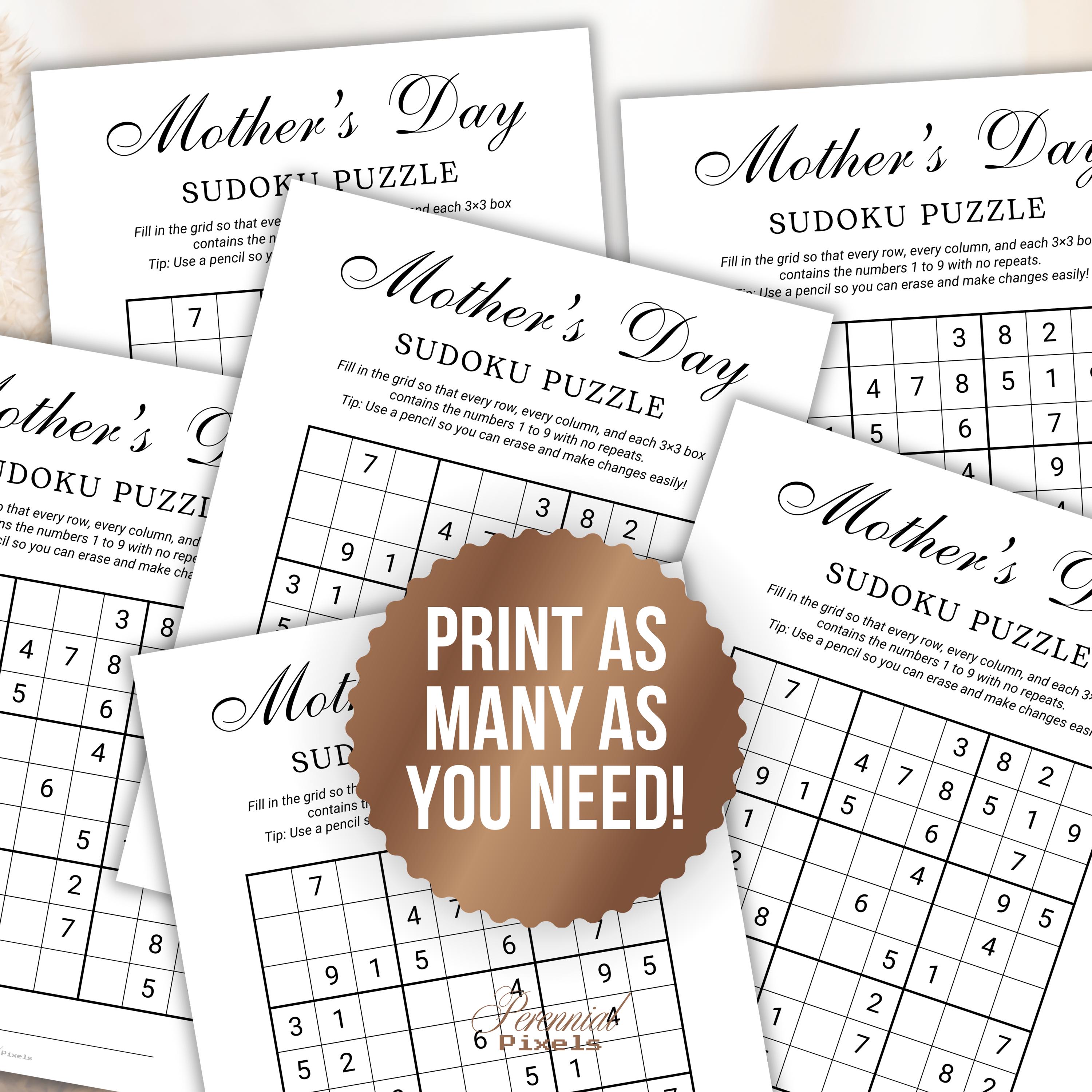 Mothers Day Sudoku Puzzles, Printable Sudoku Game, Minimalist Mothers ...
