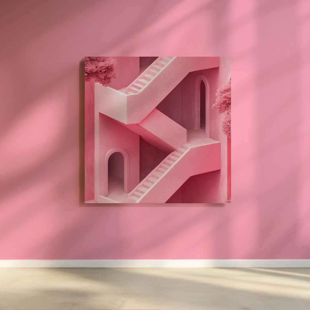 Liminal Pink Endless Staircase Escher Inspired Canvas Print, Minimalism ...