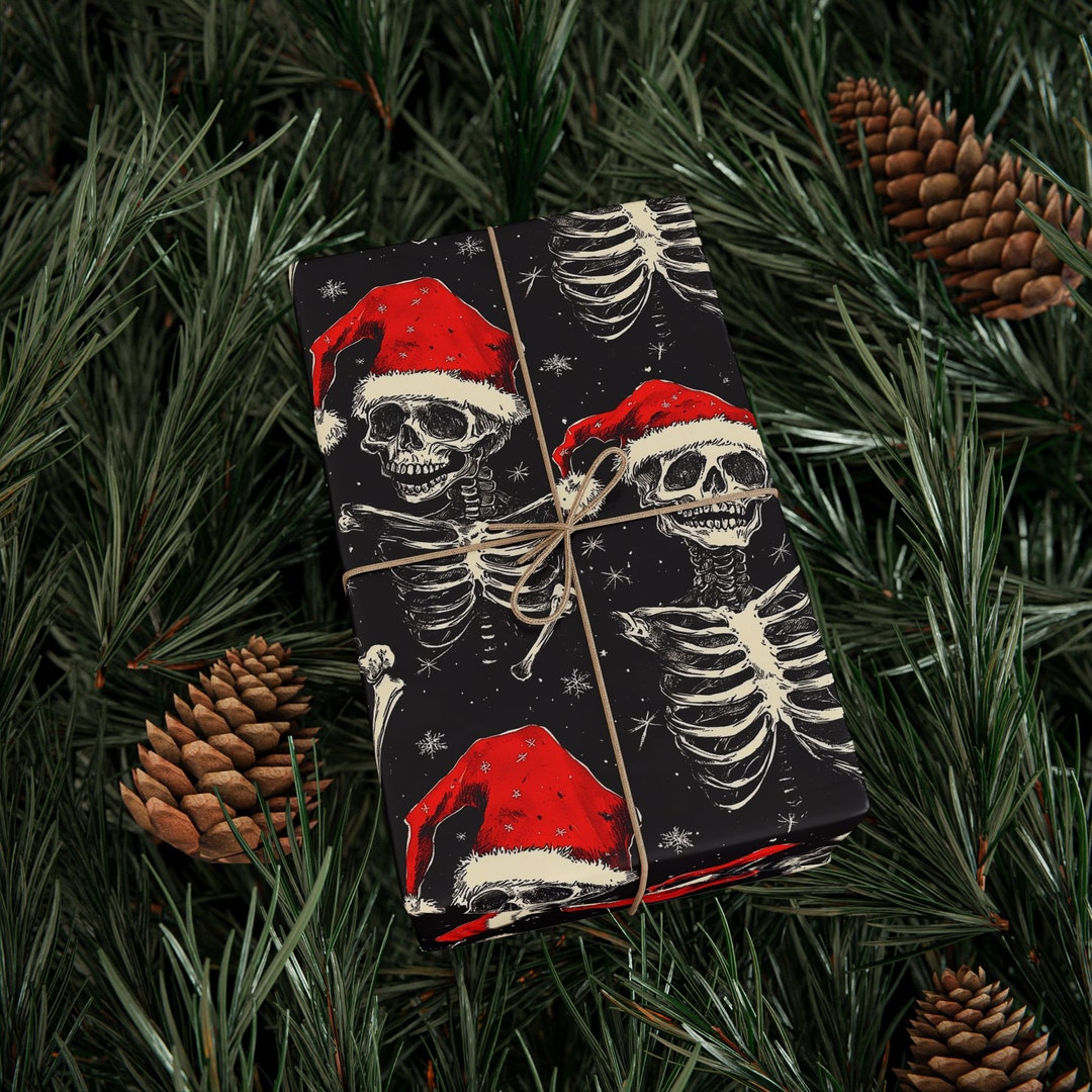 Holiday Skeletons Wrapping Papers Santa Red Hat Christmas Halloween ...