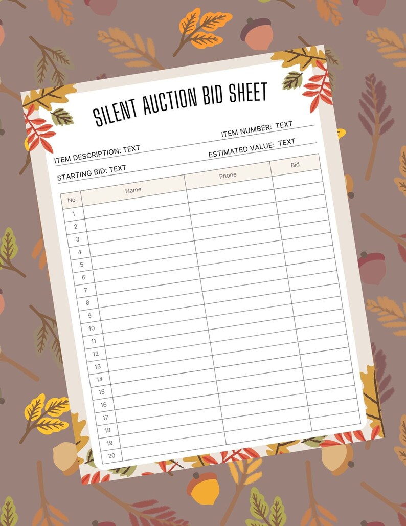 Printable Silent Auction Bid Sheet, Charity Fundraiser, School ...