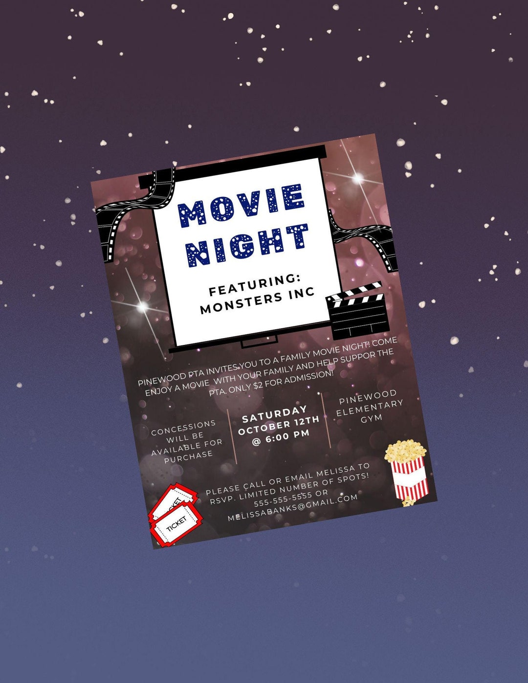 Movie Night Flyer Printable, Printable PTA PTO Fundraiser Flyer, School ...