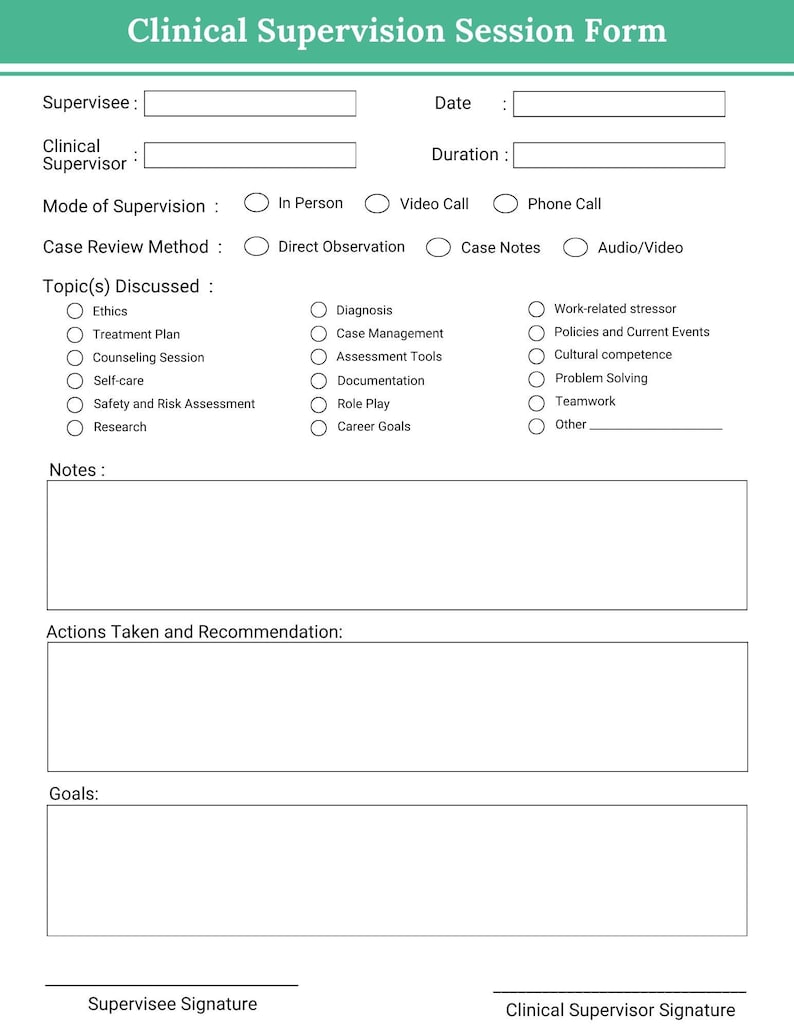Printable Clinical Supervision Session Form and Hours Log | Clinical ...