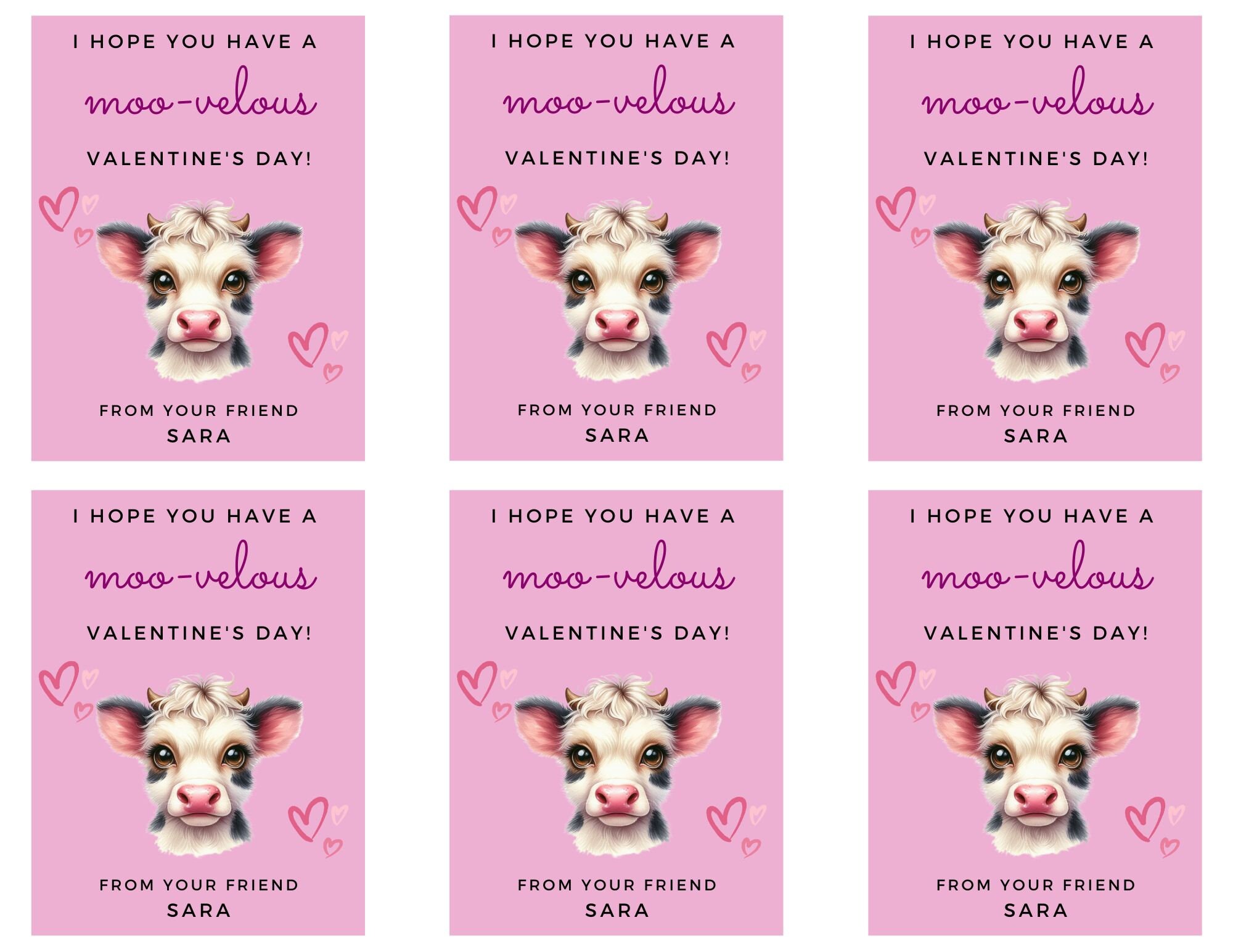 Printable Valentine's Day Card, Cute Cow Themed Valentine, Moo-velous ...