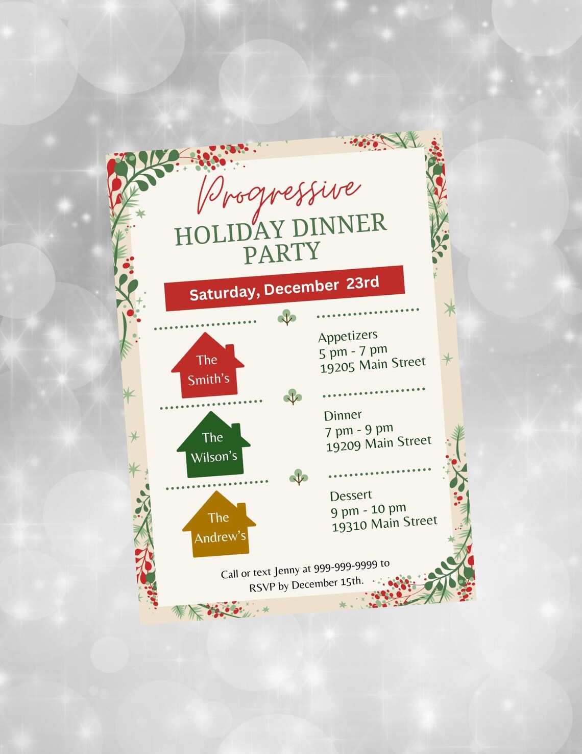 Holiday Progressive Dinner Party Invite Template, Christmas Potluck ...