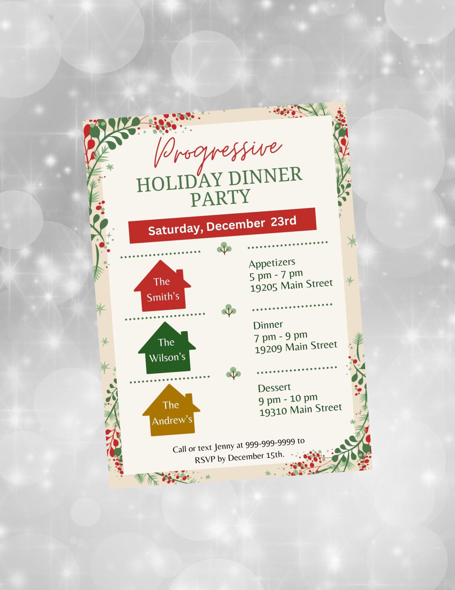 Holiday Progressive Dinner Party Invite Template, Christmas Potluck ...