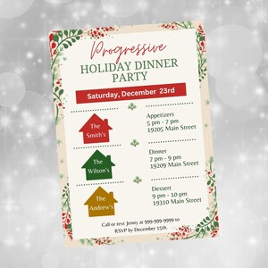 Holiday Progressive Dinner Party Invite Template, Christmas Potluck ...