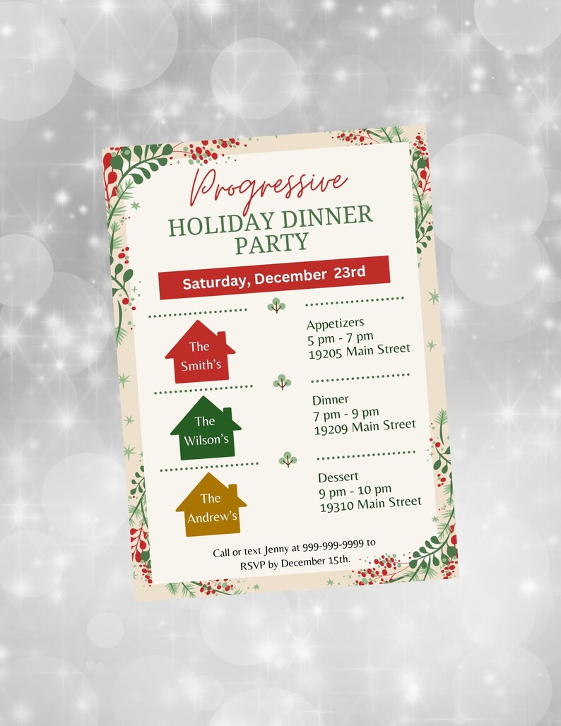 Holiday Progressive Dinner Party Invite Template, Christmas Potluck ...