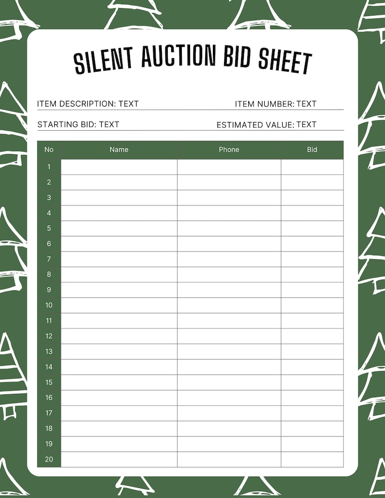 Printable Silent Auction Bid Sheet, Charity Fundraiser, School ...