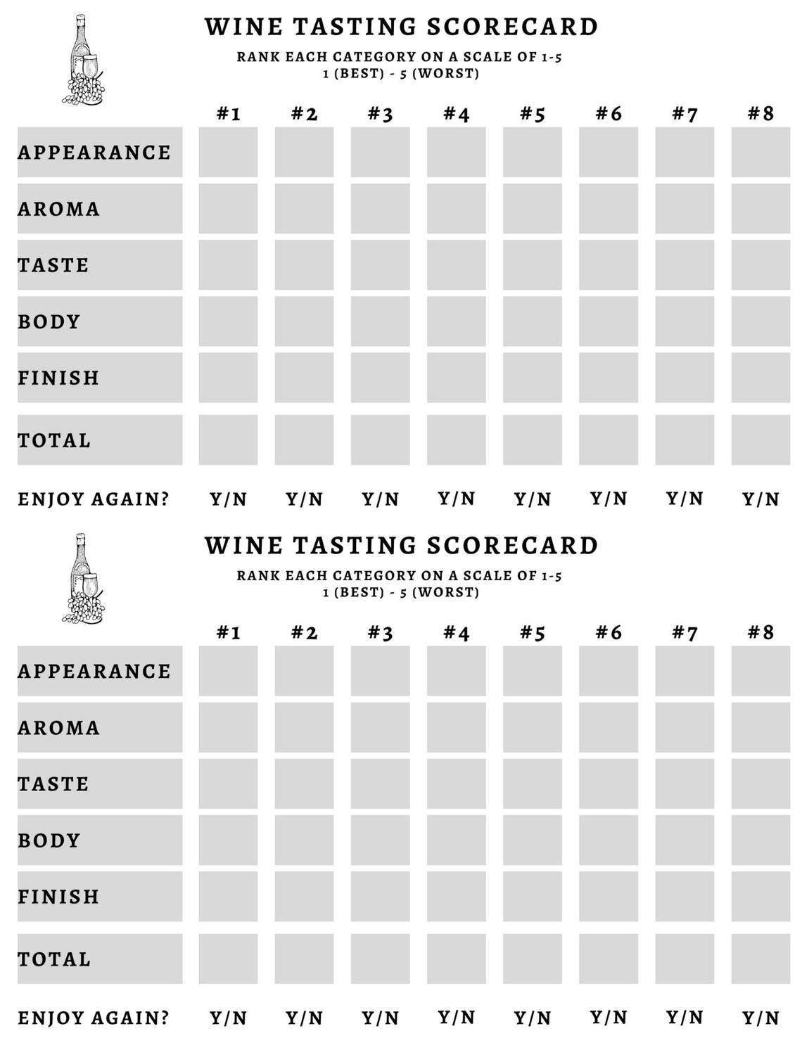 Wine Tasting Score Cards Printable - Wine Rating Cards -wine Tasting ...