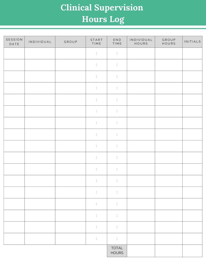 Printable Clinical Supervision Session Form and Hours Log | Clinical ...