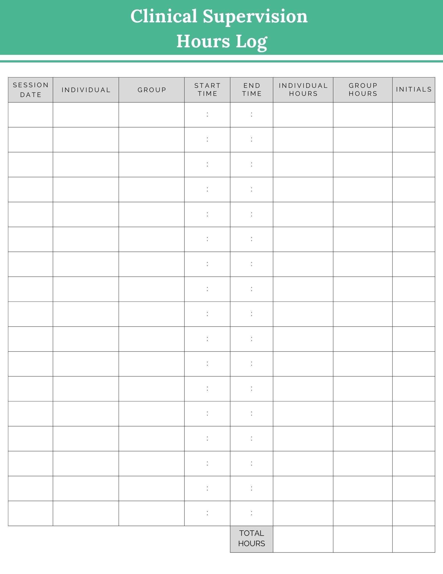Printable Clinical Supervision Session Form and Hours Log | Clinical ...