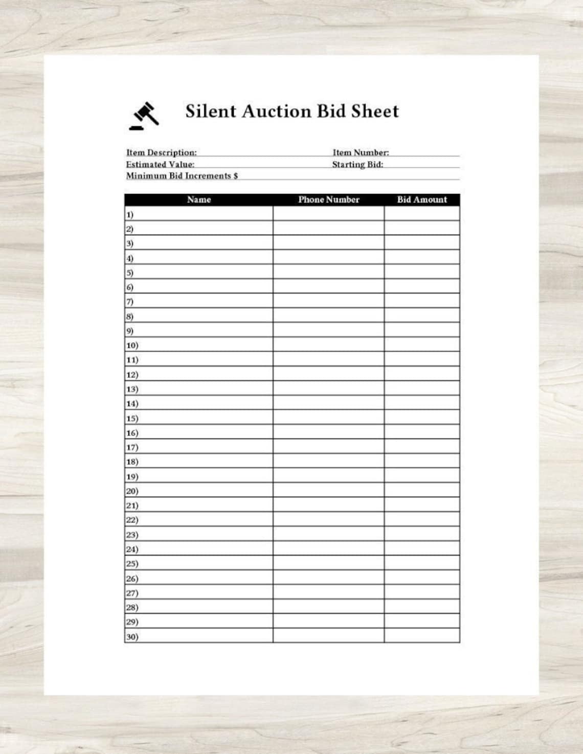 Printable Silent Auction Bid Sheet-great for Charity/school Fundraisers ...