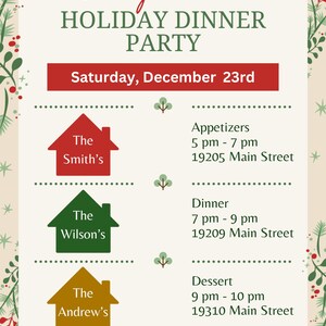 Holiday Progressive Dinner Party Invite Template, Christmas Potluck ...