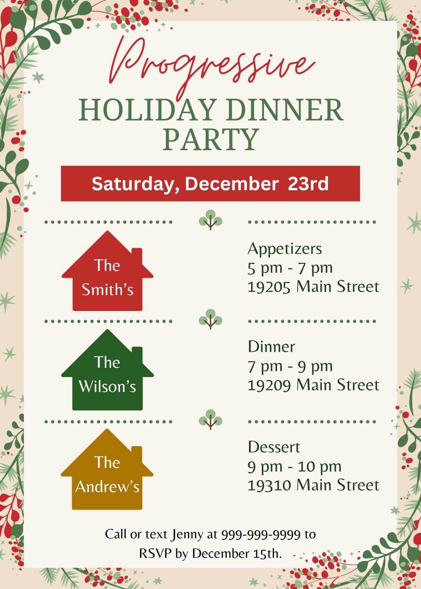Holiday Progressive Dinner Party Invite Template, Christmas Potluck ...