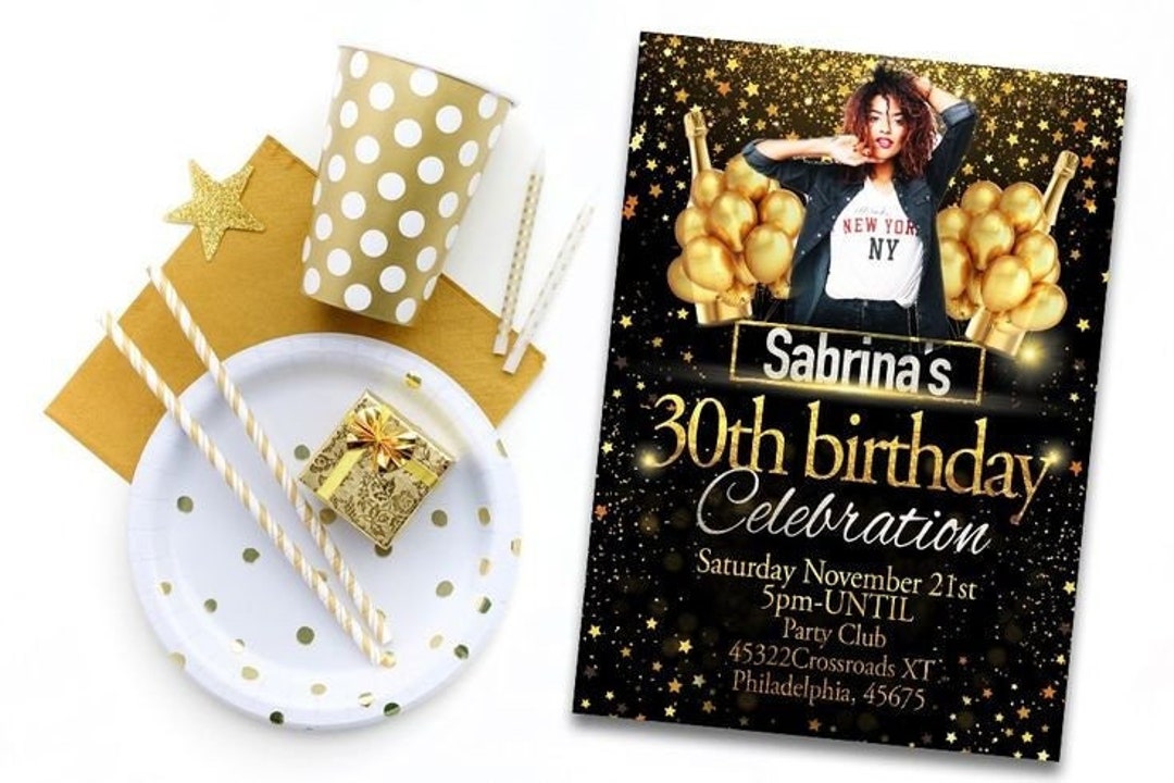 Birthday Party Invitation Card, Golden Glitter, Golden Stars, Champagne ...