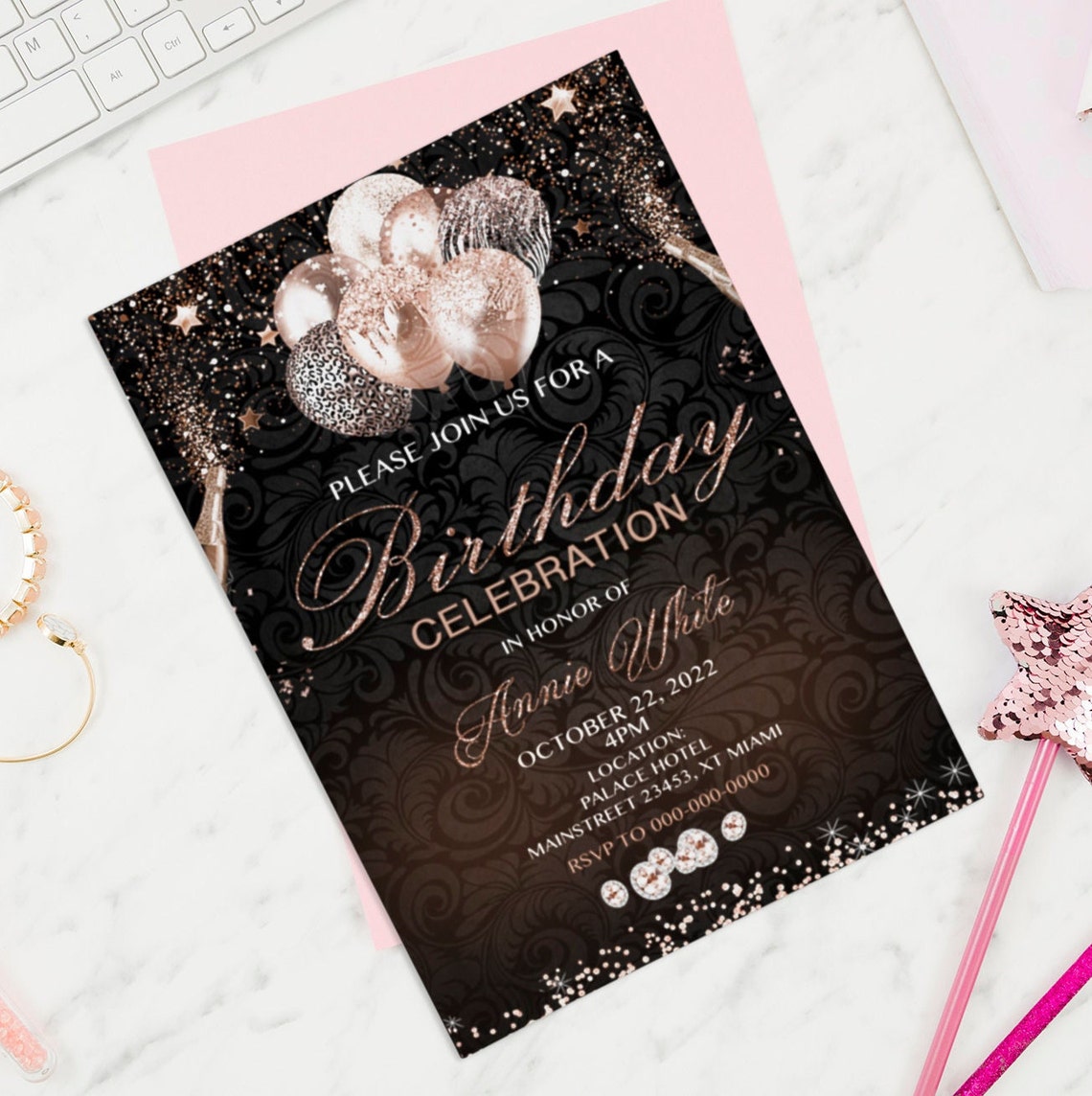 Rose Gold Birthday Invitation Card, Glitter Balloon Party, Birthday ...