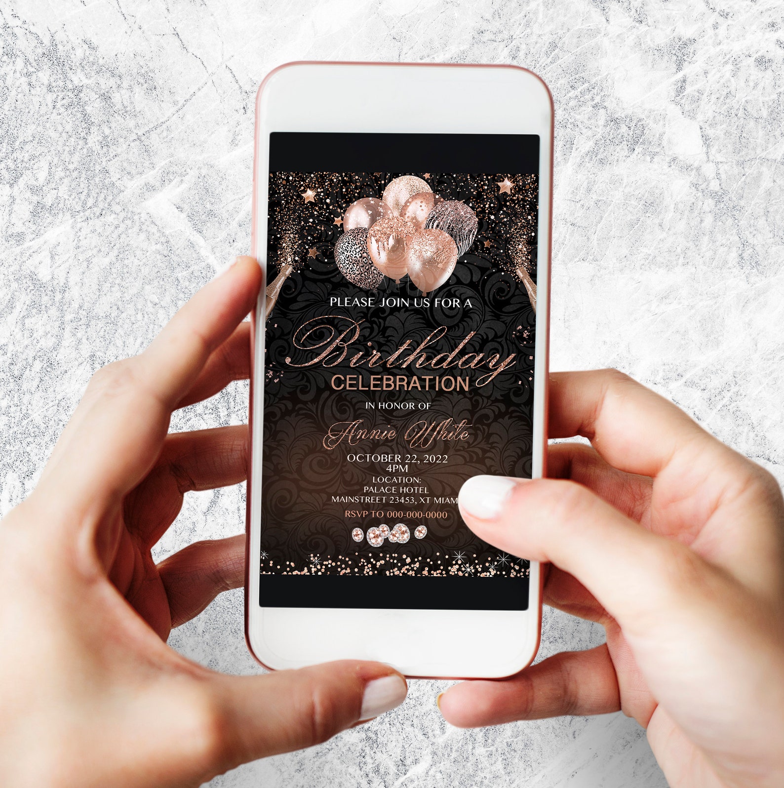 Rose Gold Birthday Invitation Card, Glitter Balloon Party, Birthday ...