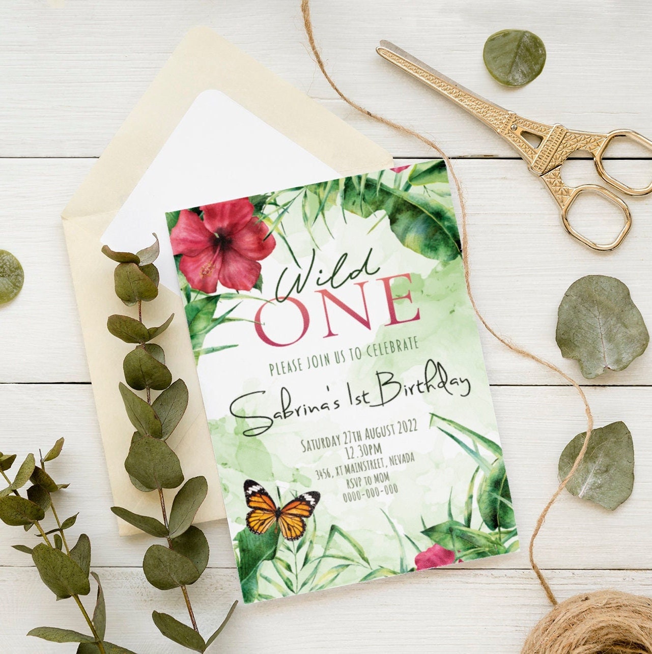 Wild One Invitation Card Design, Butterfly, Red Flowers, Jungle ...