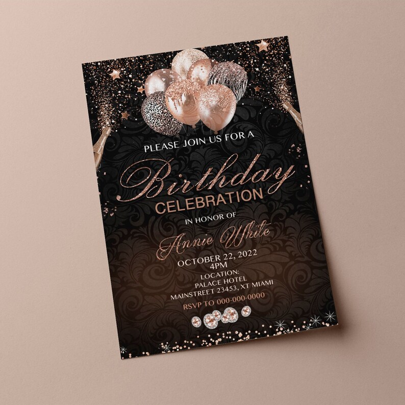 Rose Gold Birthday Invitation Card, Glitter Balloon Party, Birthday ...