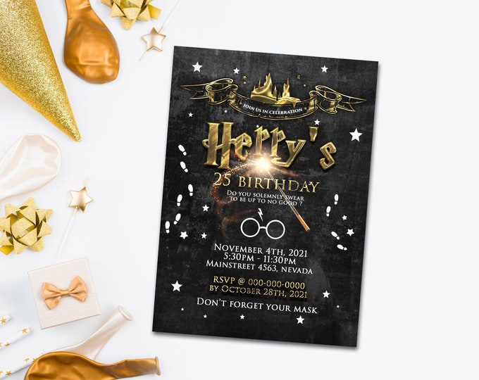 Wizard Birthday Party Invitation Card, Golden Magic, Harry Wizard's ...