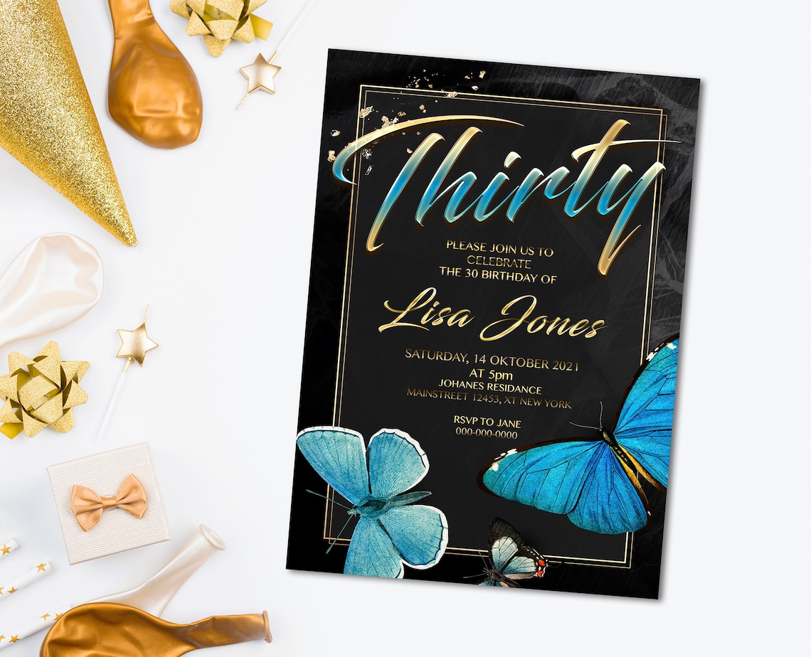 Butterfly Birthday Invitation Card Design, Golden Blue Look, Elegant - Etsy