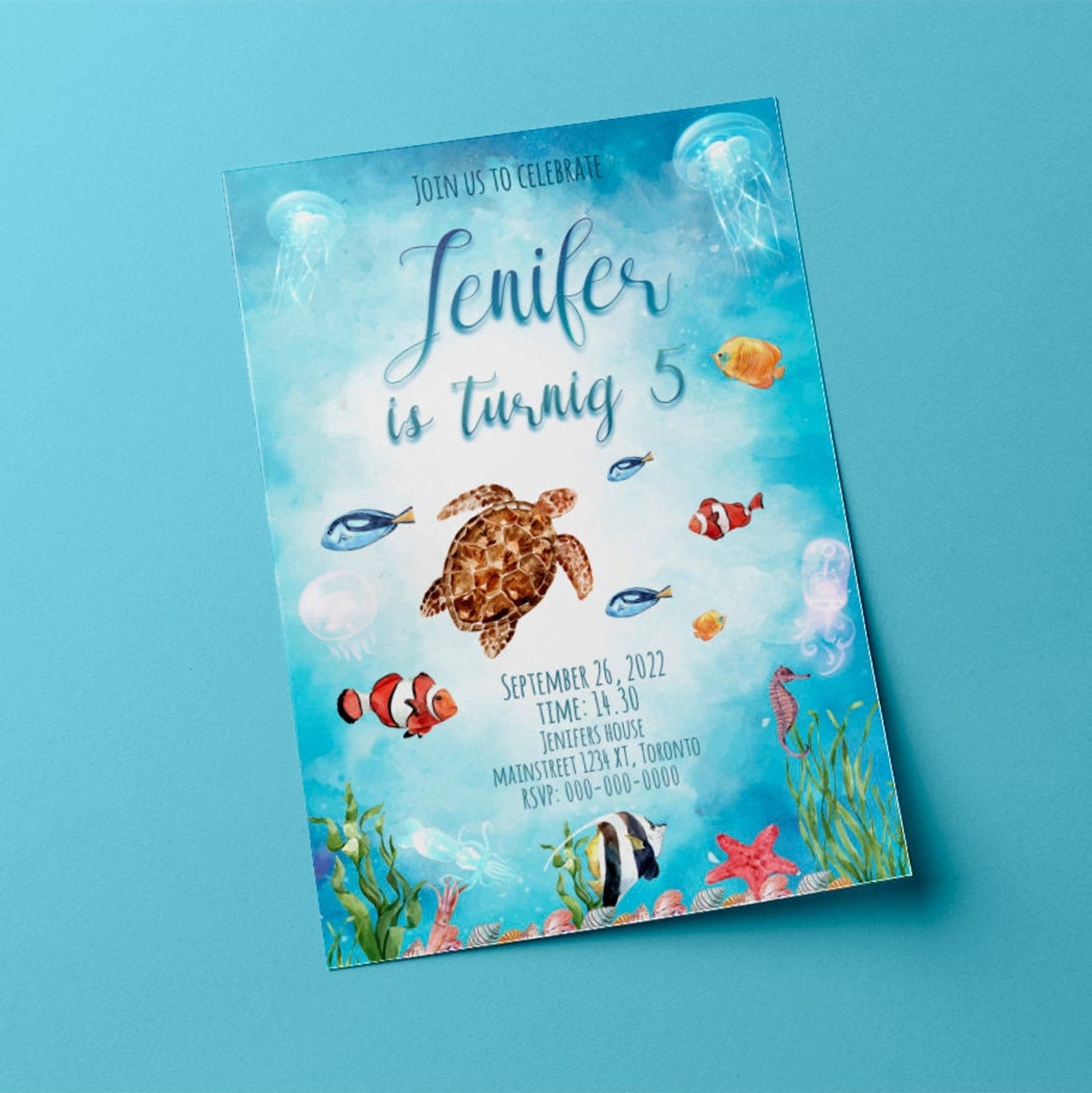 Editable Underwater Sea Invitation Card Design, Watercolour Birthday ...