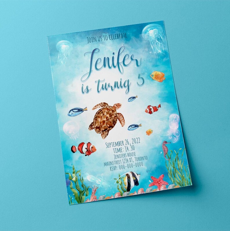 Editable Underwater Sea Invitation Card Design, Watercolour Birthday ...