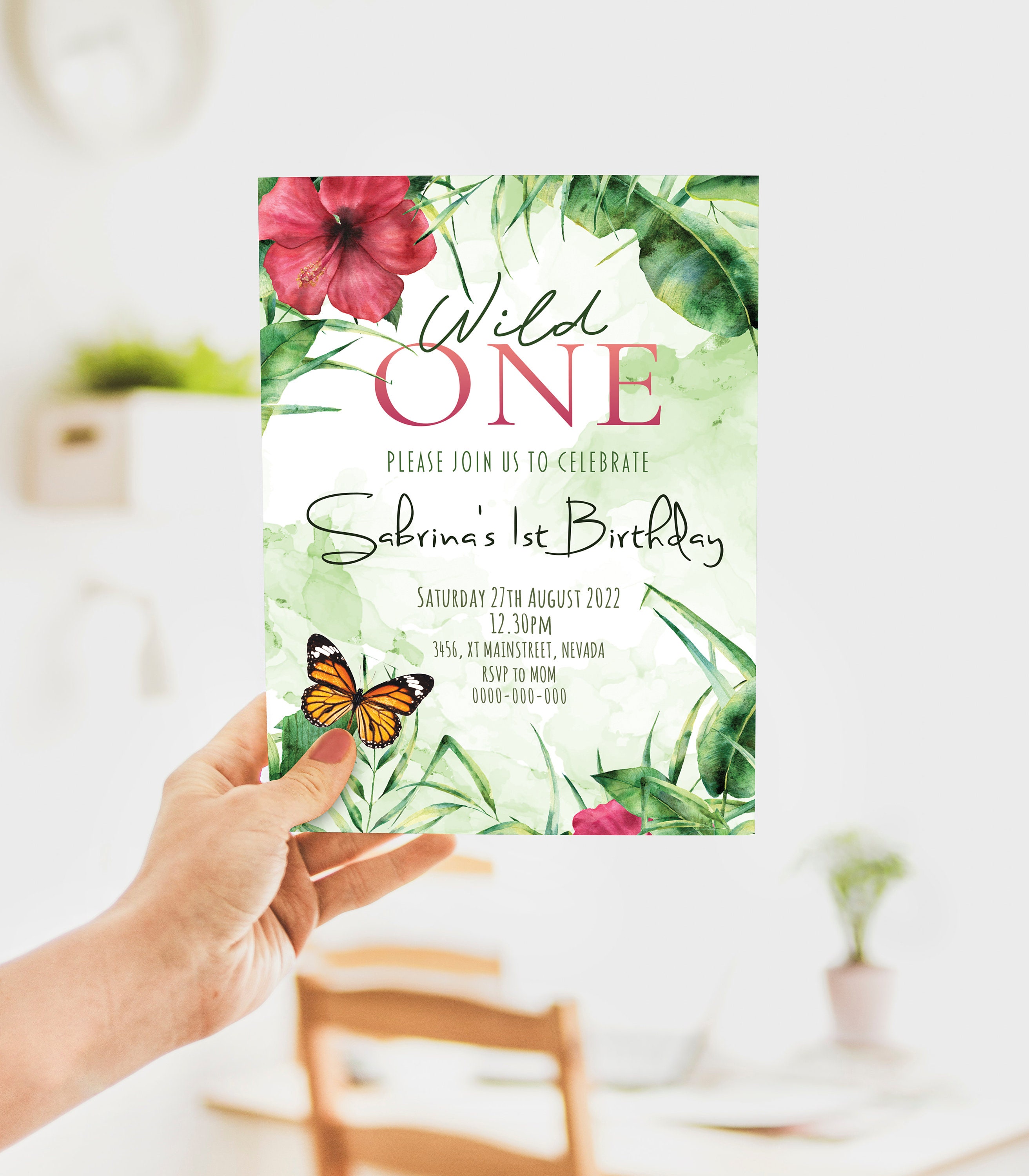 Wild One Invitation Card Design, Butterfly, Red Flowers, Jungle ...