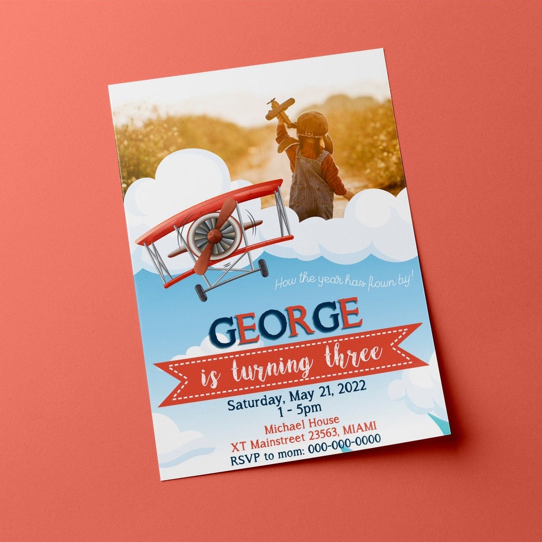 Airplane Pilot My Hero, Fly Birthday Invitation Card Design, First ...