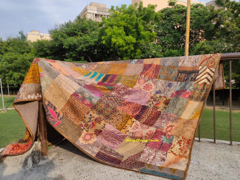 Indian Hand Stitched Quilt Silk Kantha Throw Patchwork Blanket Vintage ...