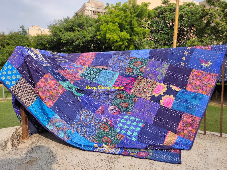 Indian Hand Stitched Quilt Silk Kantha Throw Patchwork Blanket Vintage ...