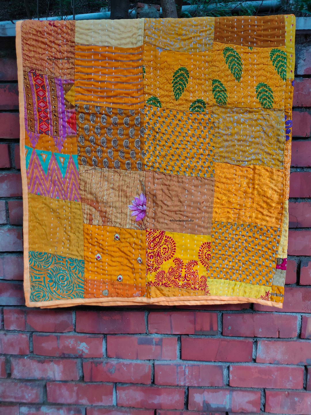 Patchwork Kantha Quilt Recycle Silk Sari Blankets Puffy Bedspreads Hand ...