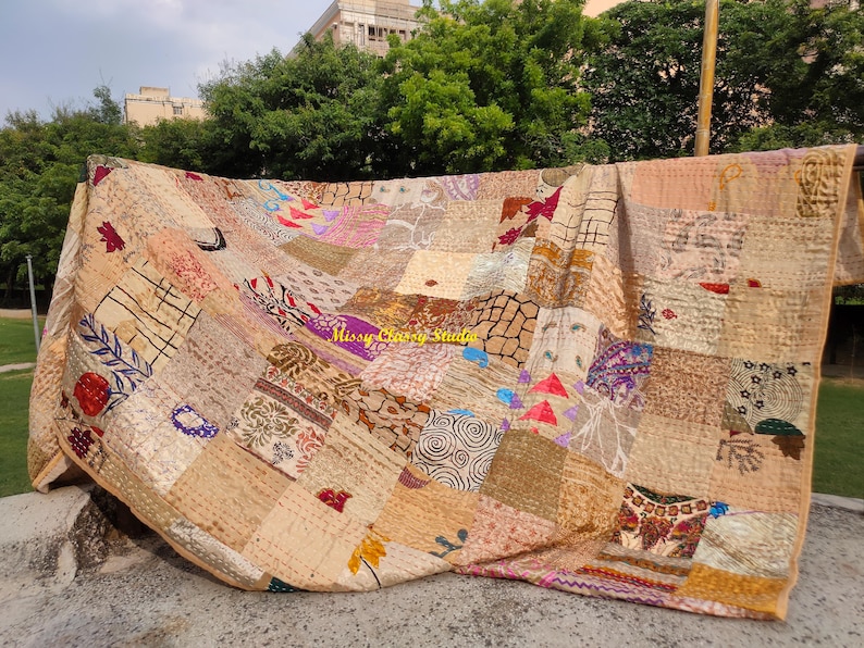 Indian Hand Stitched Quilt Silk Kantha Throw Patchwork Blanket Vintage ...
