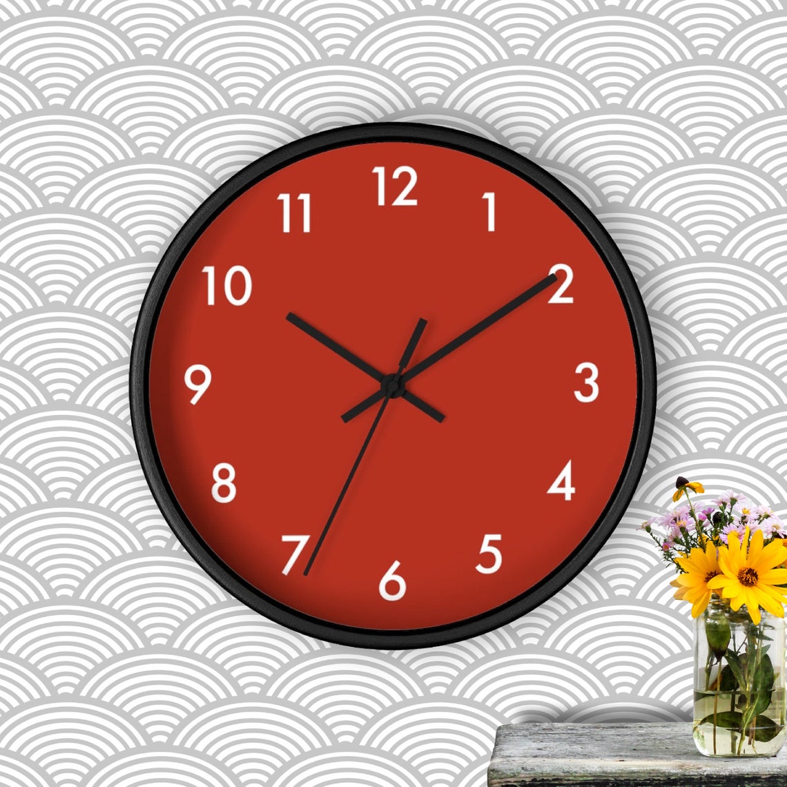 Wall Clock With Numbers, Classic Red Minimalist, Silent, Quiet, Wood ...
