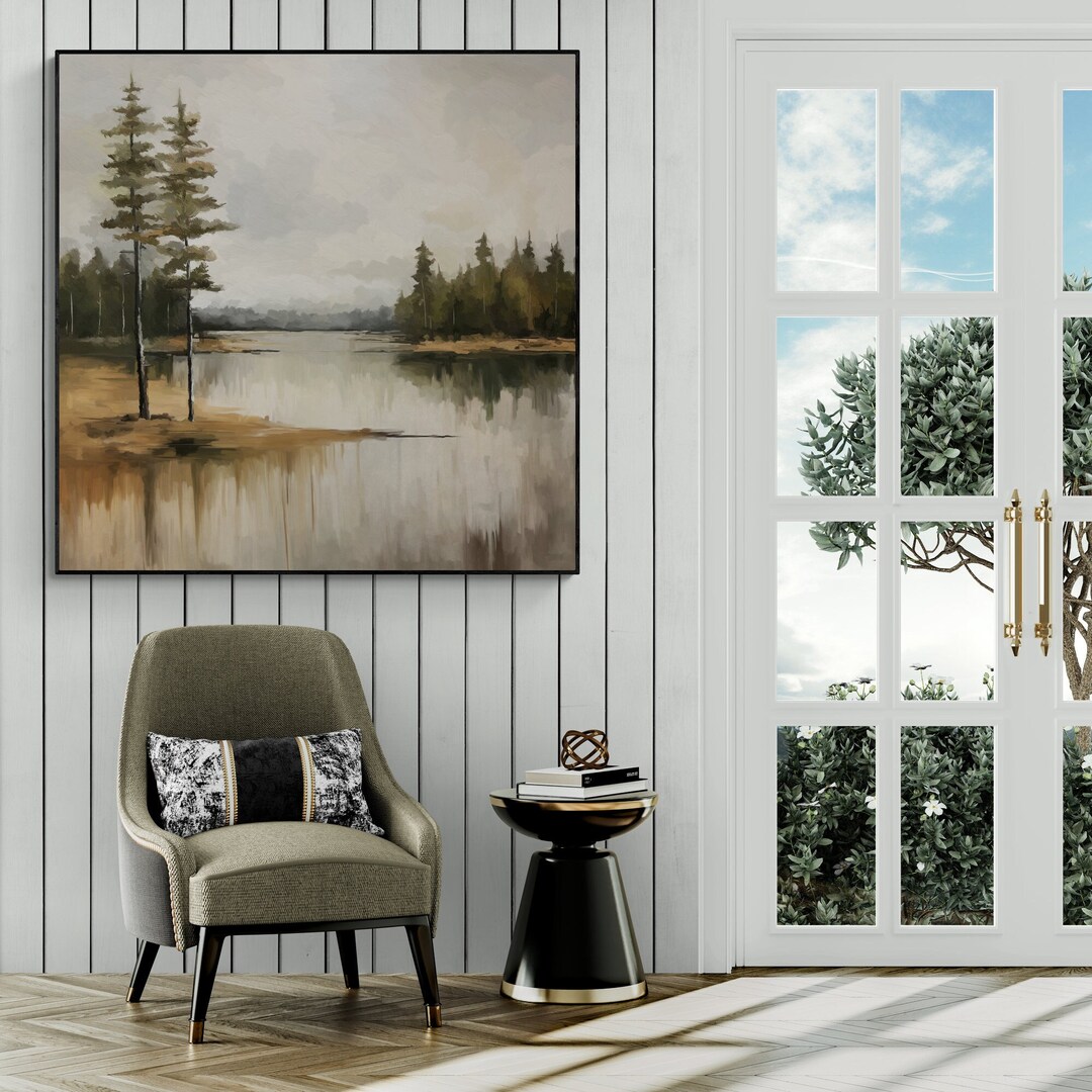 Square Abstract Landscape Painting | Rustic Forest Lake Landscape Art ...