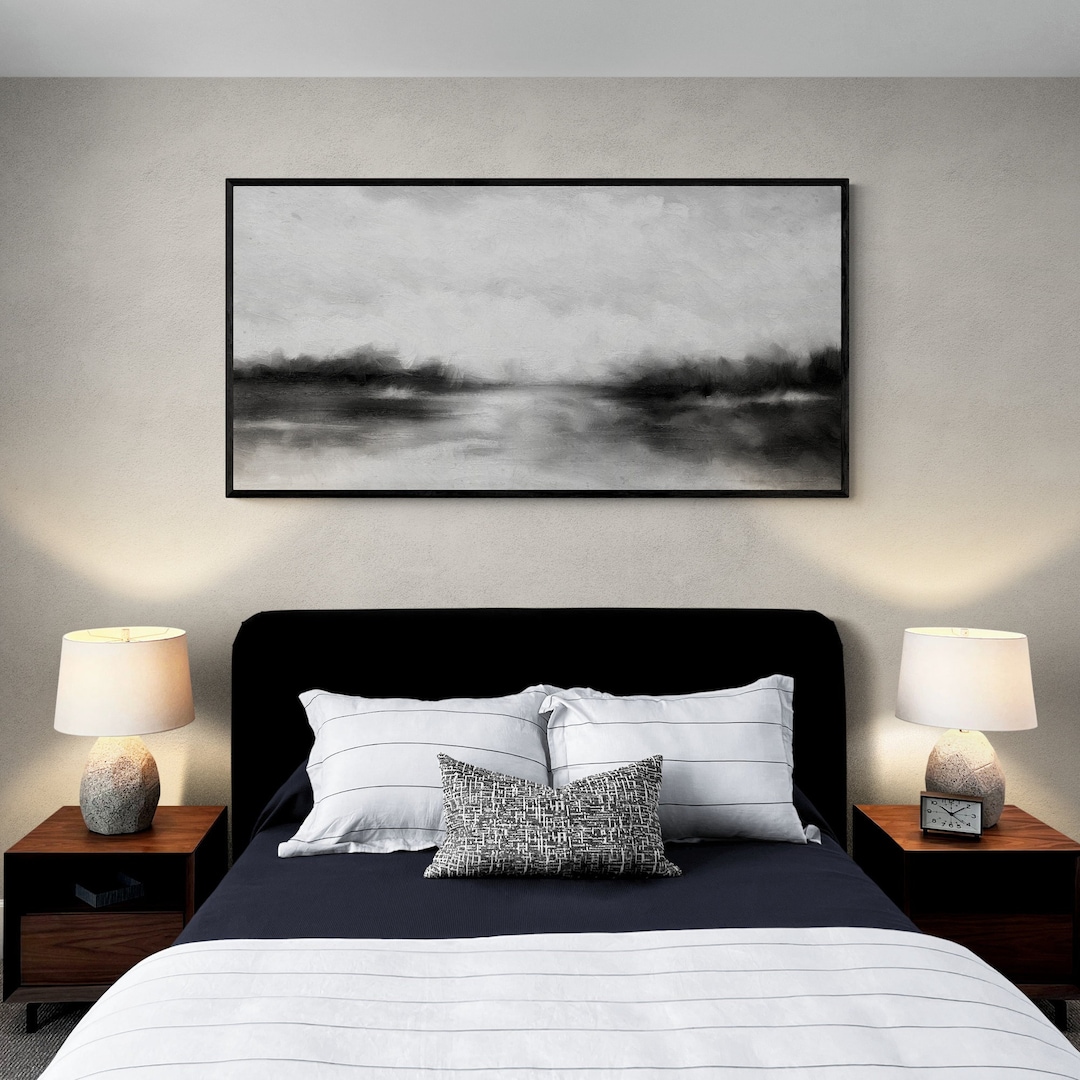 Horizontal Abstract Landscape Painting, Black and White Modern Abstract ...