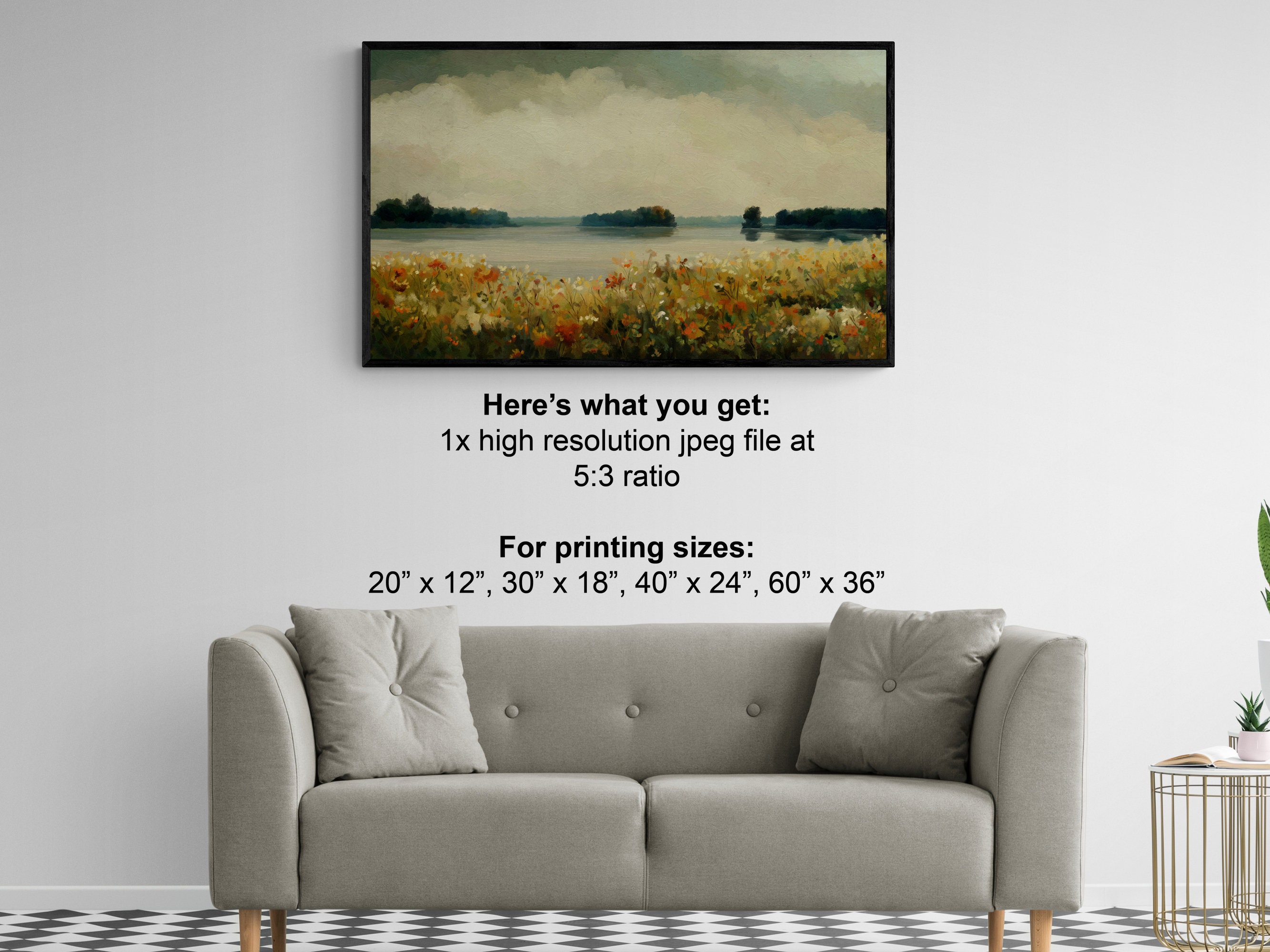 Horizontal Abstract Landscape Printable Art, Summer Lake and Flowers ...