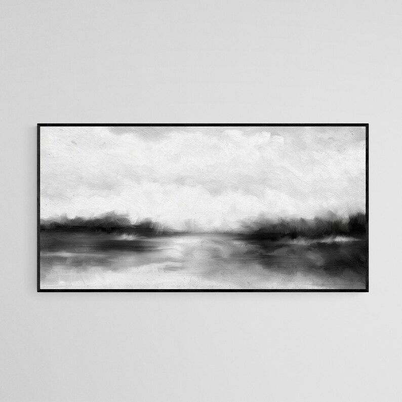 Horizontal Abstract Landscape Painting, Black and White Modern Abstract ...