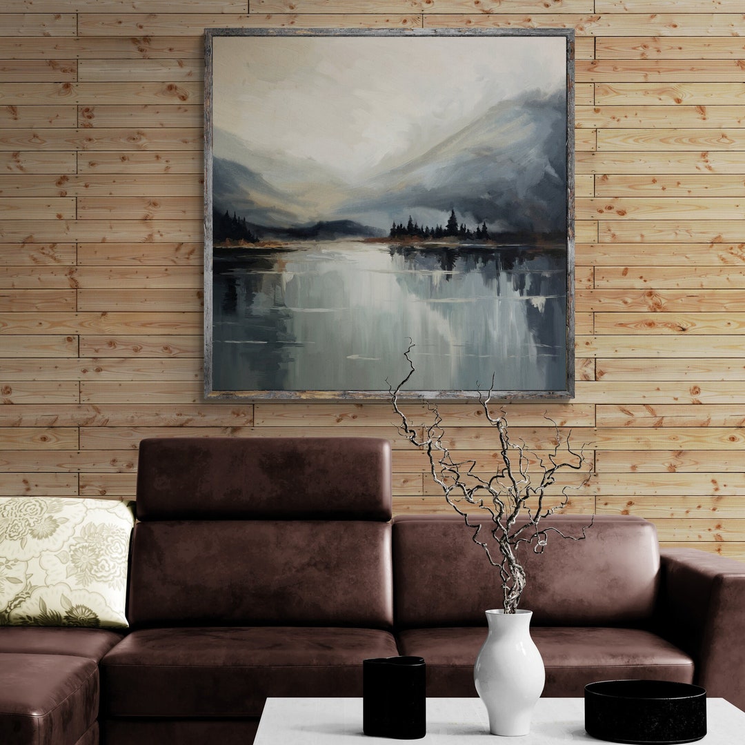 Square Abstract Landscape Art Print | Modern Abstract Mountain Lake ...