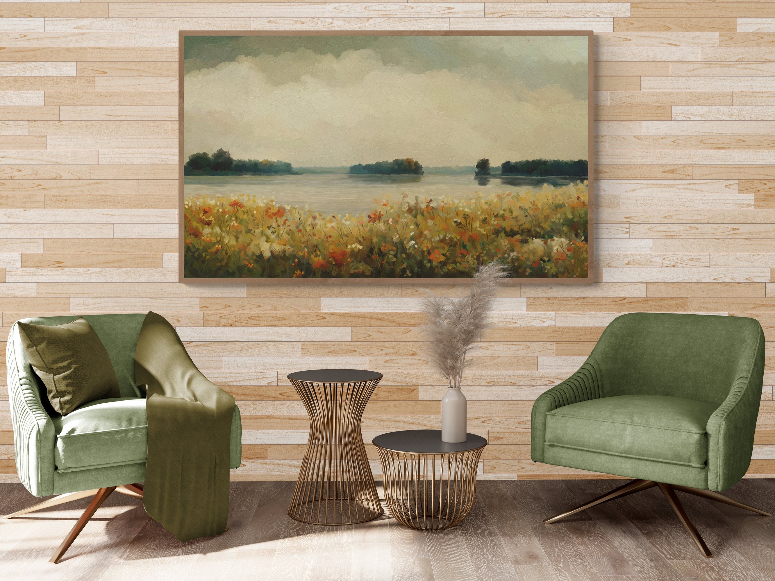 Horizontal Abstract Landscape Printable Art, Summer Lake and Flowers ...