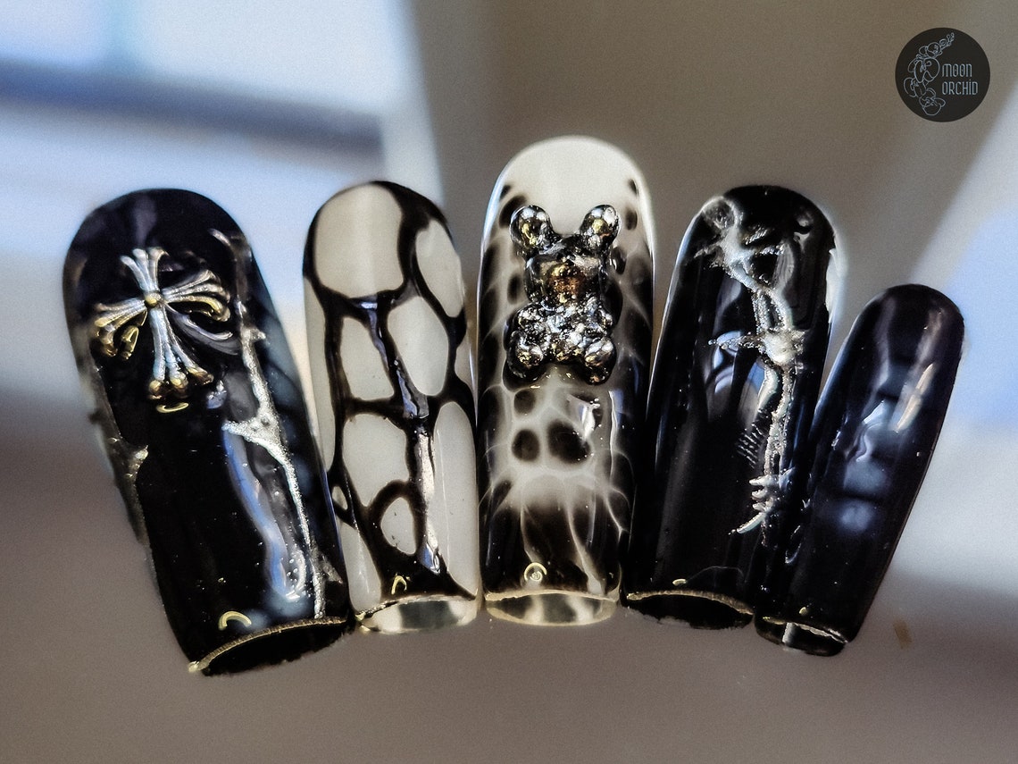 Silver Bunny Gothic Press on Nails Black Goth Nails - Etsy