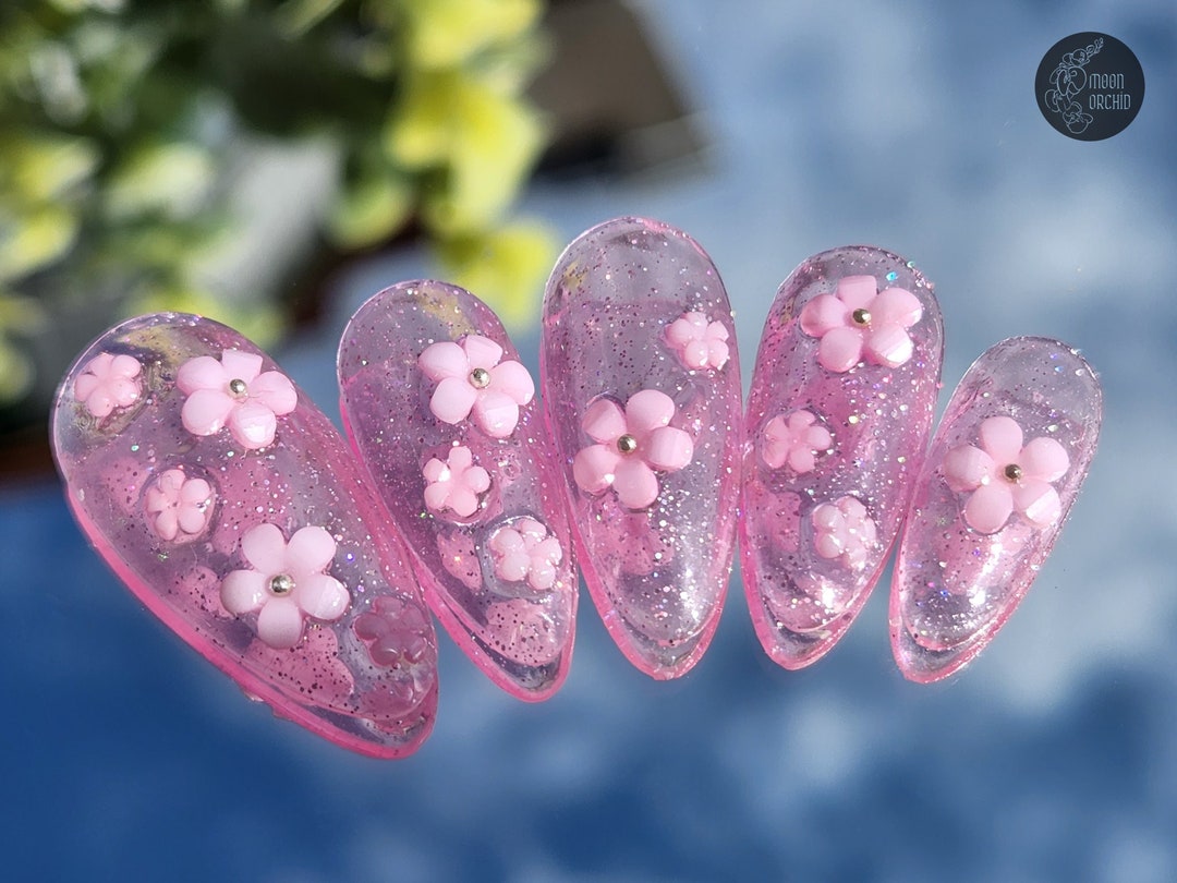 Pink Flower Nails | Spring Nails | Spring Press on | Pink Spring Nails ...