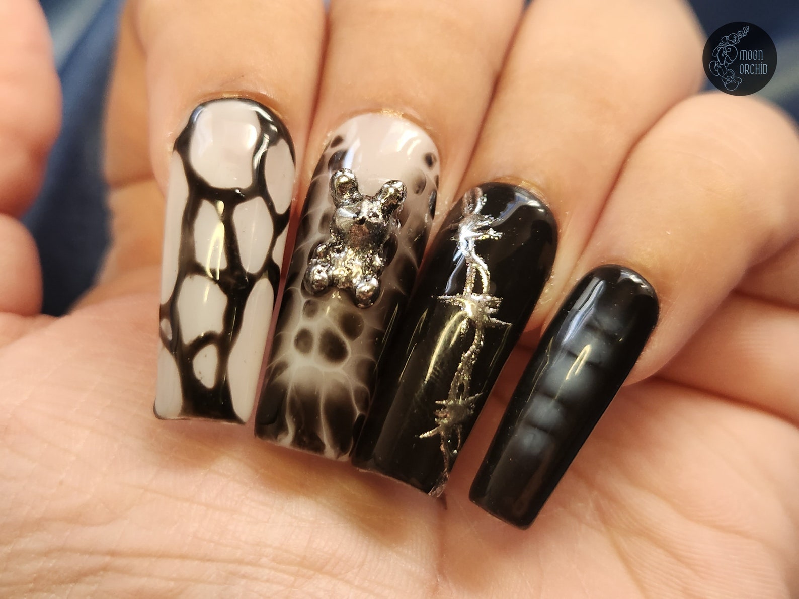 Silver Bunny Gothic Press on Nails Black Goth Nails - Etsy