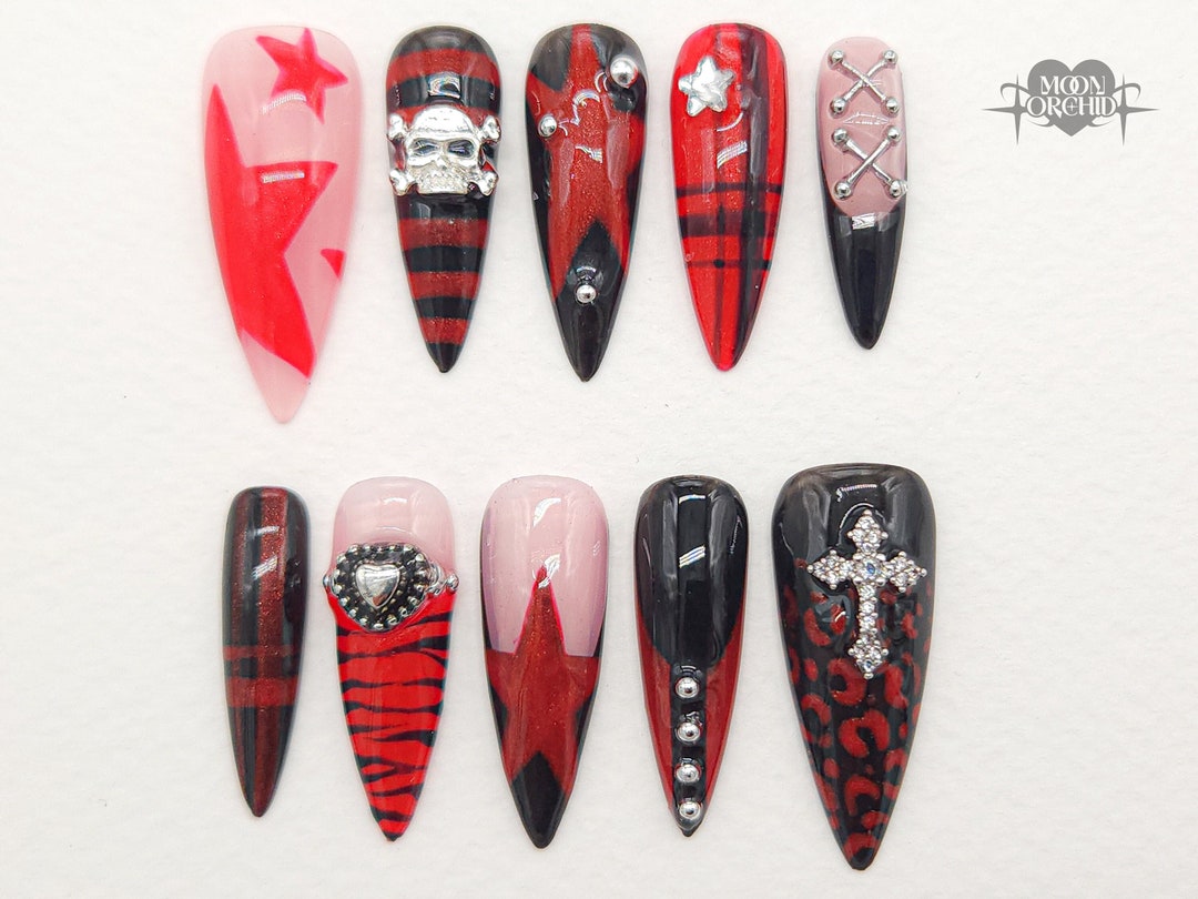 Rokku Gyaru Nails | Birthday Press on | Red Edgy Nails | Mall Goth ...